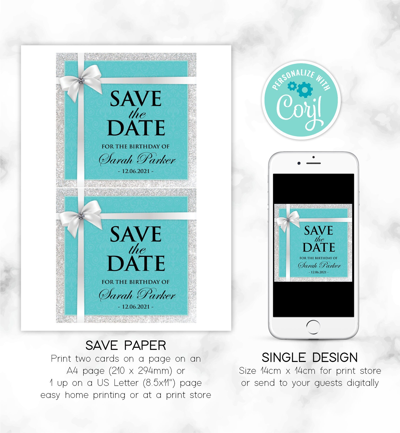 Teal & Silver Save the Date Turquoise Wedding Shower Save the | Etsy