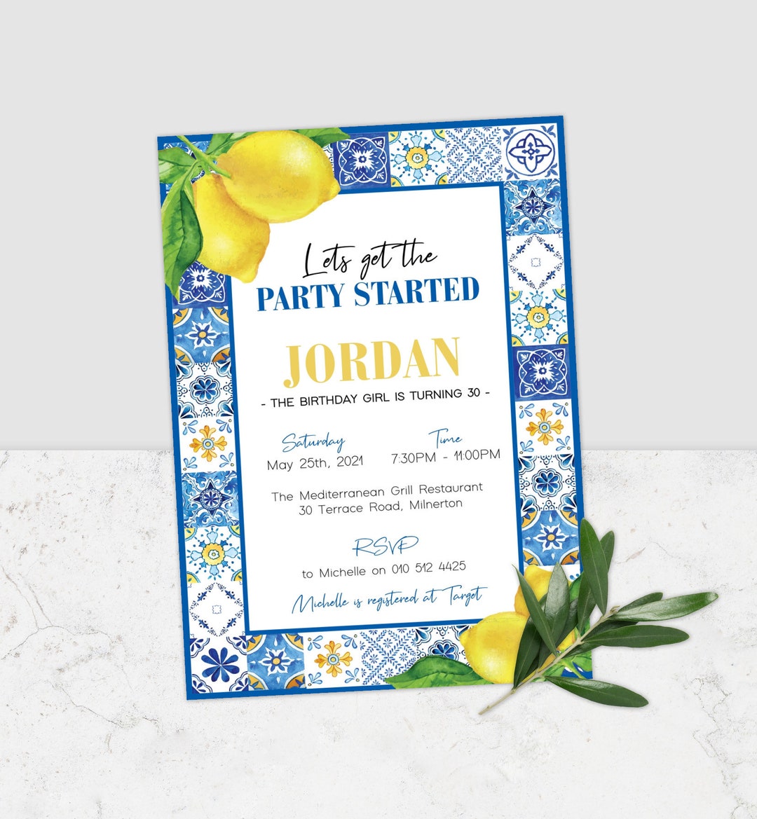 Blue Tiles Lemon Invitation, Mediterranean Invite, Greek Tiles, Lemon ...