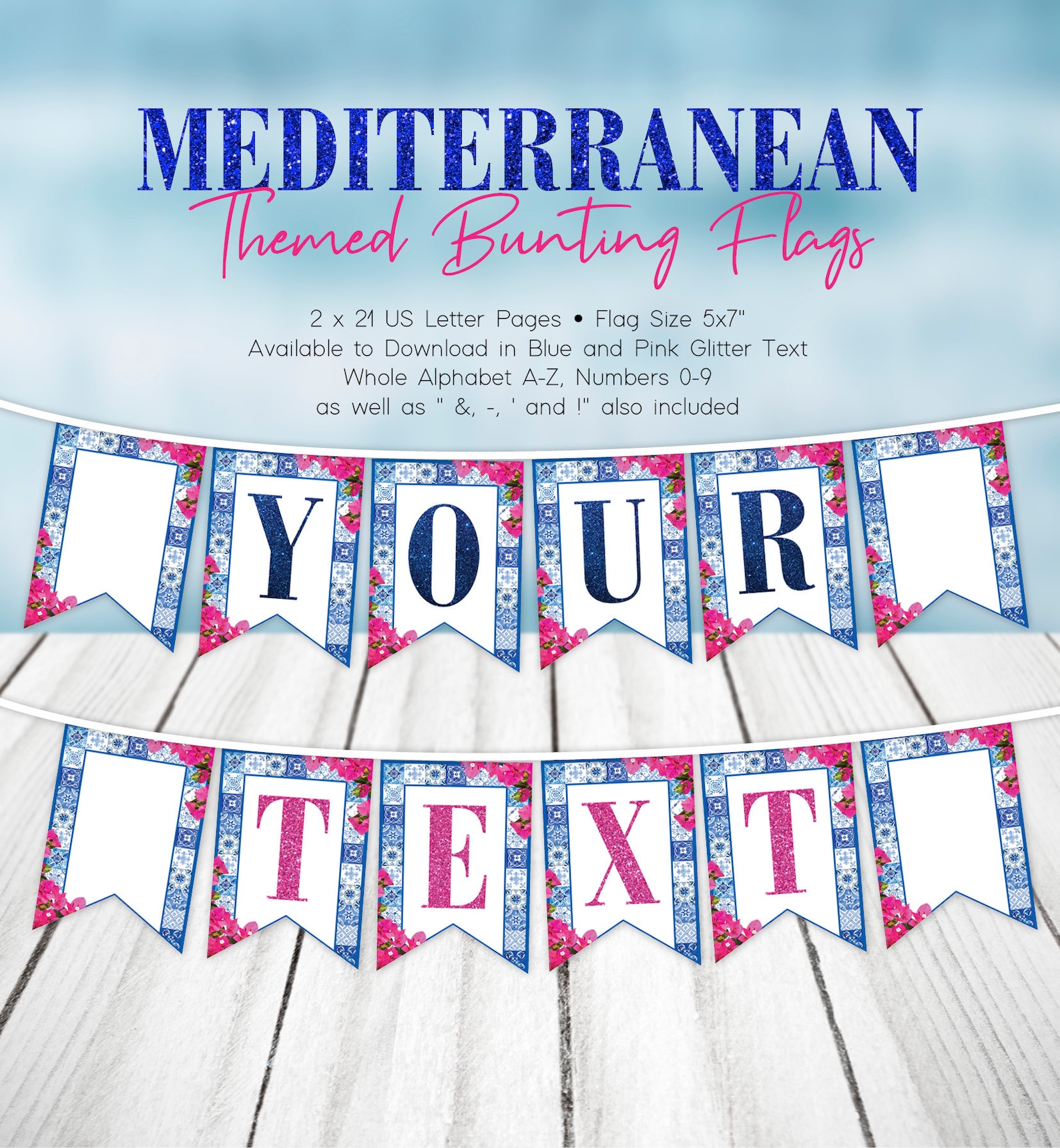 Mediterranean Style Party Bunting Glitter Flags Printable - Etsy