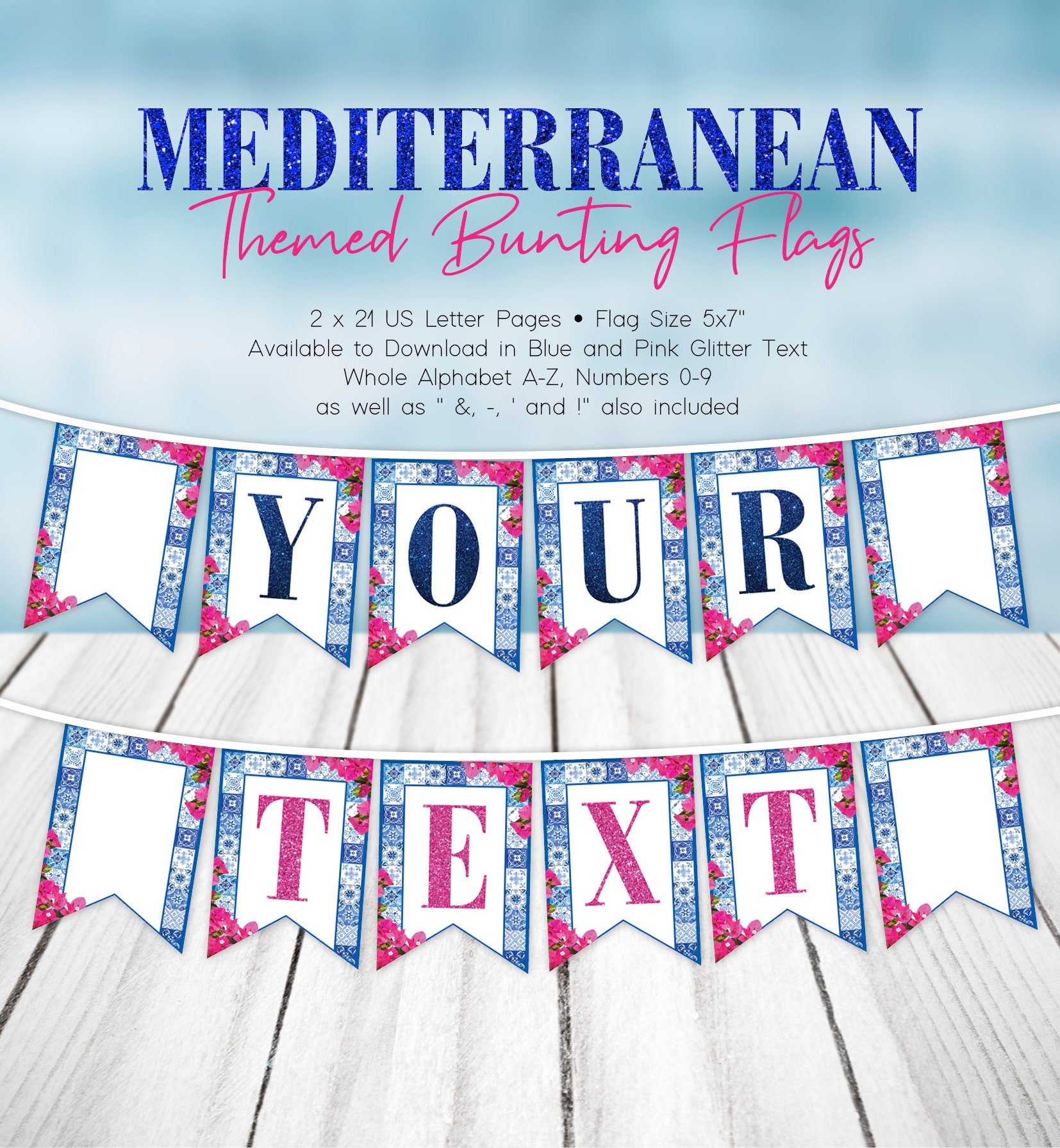 Mediterranean Style Party Bunting, Glitter Flags, Printable Party ...