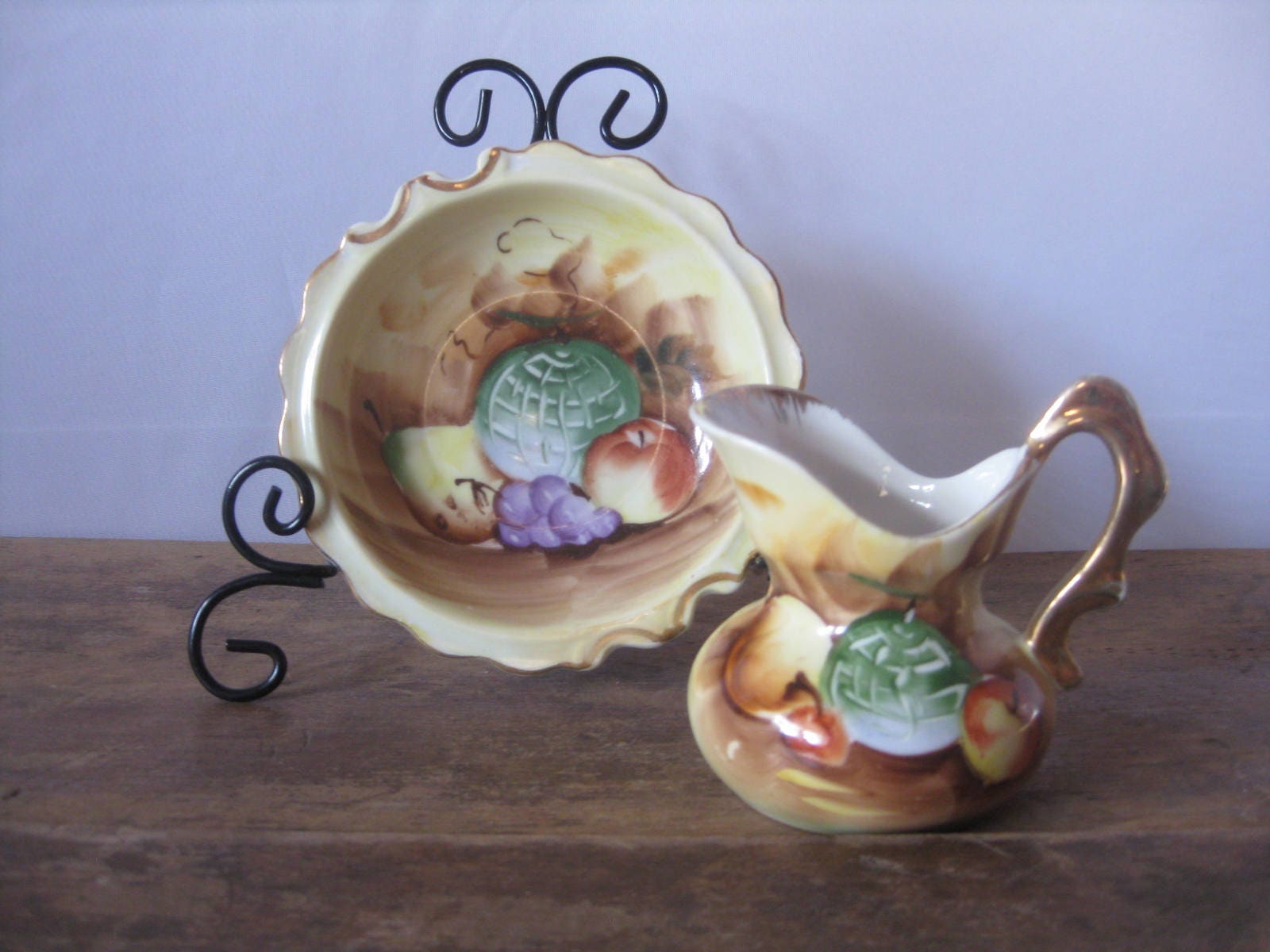 Vintage Mini Pitcher and Bowl With Hand-painted Fruit Design / Bowl ...
