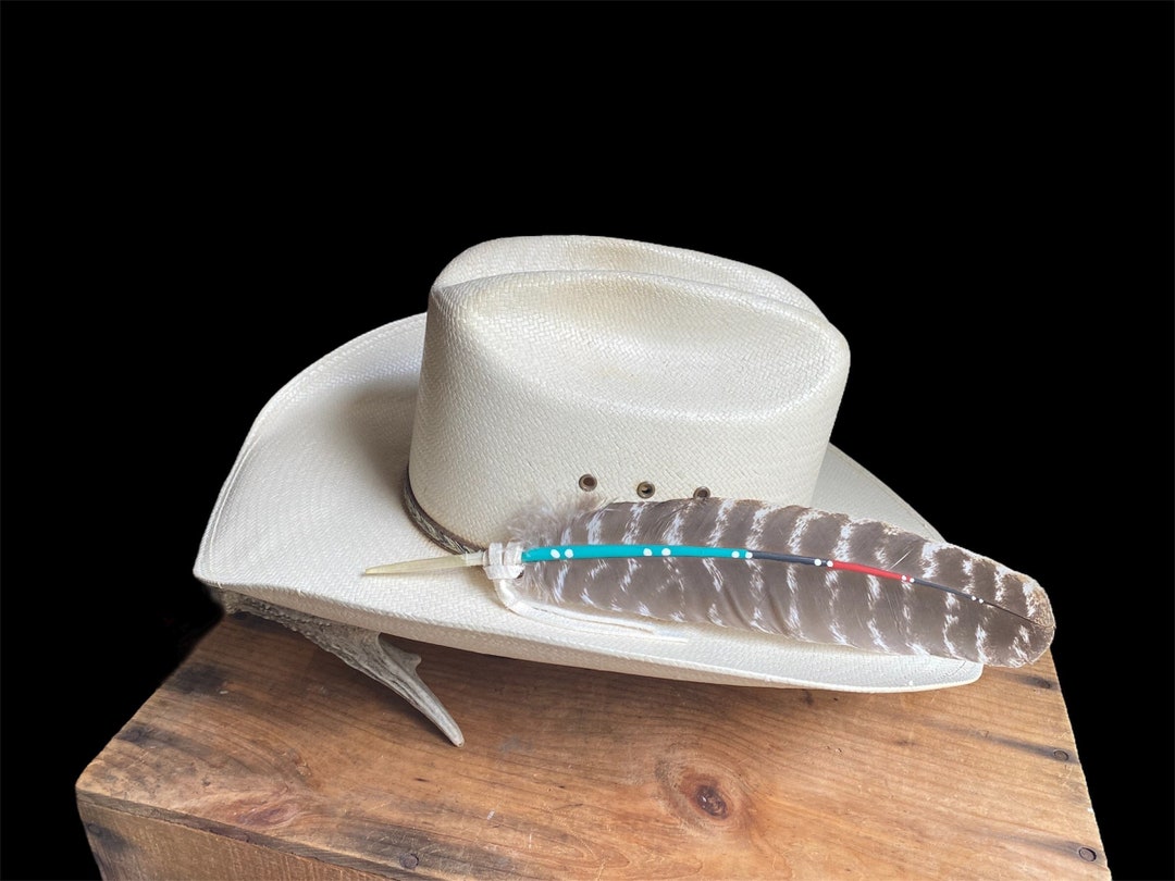 Hand Painted Wild Turkey Feather Hat Trim W/deerskin Leather Wrapped Quill, 12 7/8" Long, Right ...