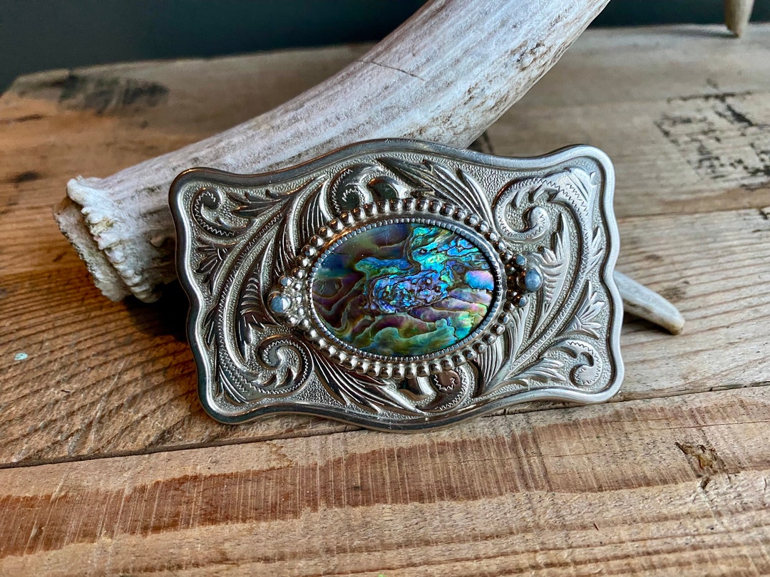Vintage Western Style Silver Metal and Abalone Shell Large Belt Buckle ...