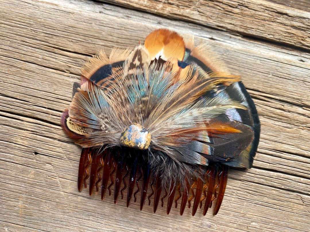 Large Decorative Feather Hair Comb Brown, Cinnamon, Dark Green & Blue ...