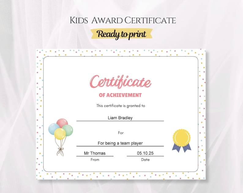 Editable Classic Certificate Template: Fillable PDF, Kids Award, Class ...