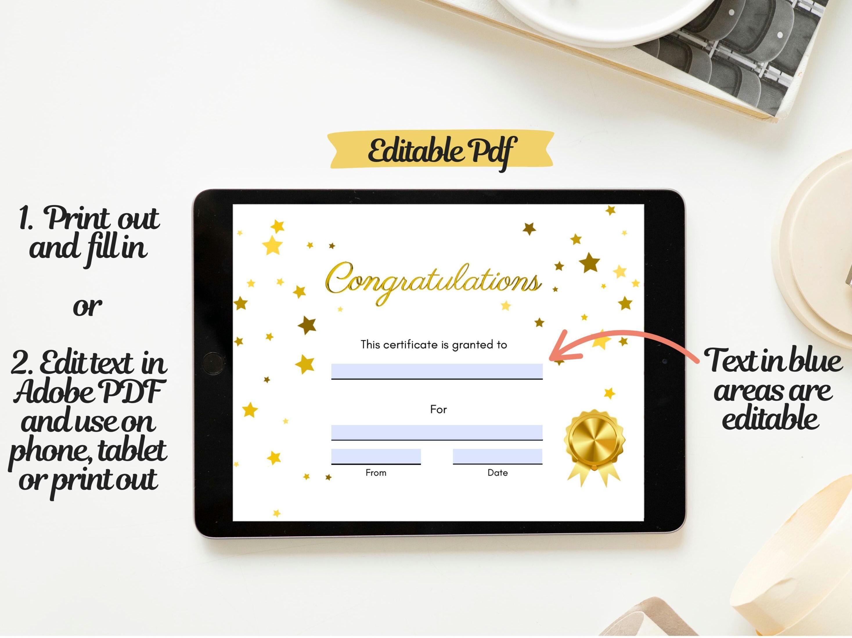 Editable Award PDF Template: Fillable PDF, Classic Star Certificate ...