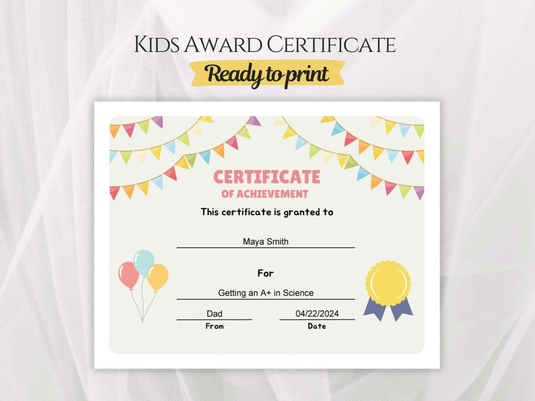 Kids Award Certificate, Editable PDF, Certificate of Achievement ...