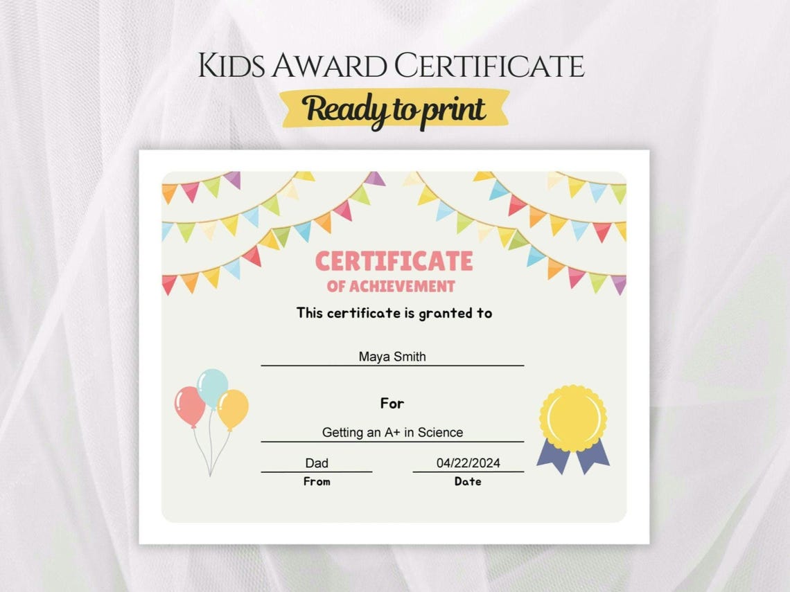 Kids Award Certificate, Editable PDF Template, Certificate of ...