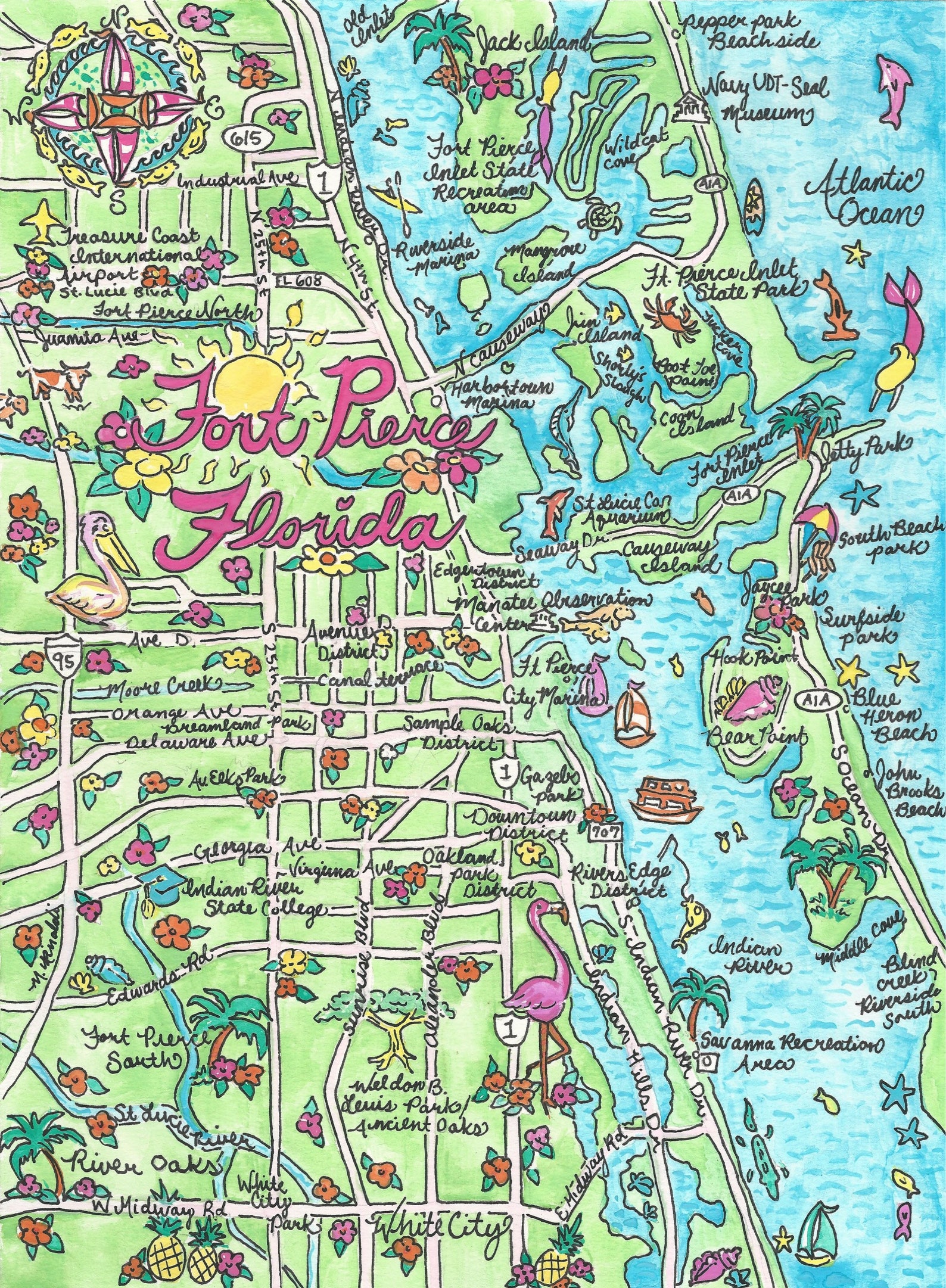 Watercolor Map of Fort Pierce, Titusville, Delray Beach or Vero Beach ...