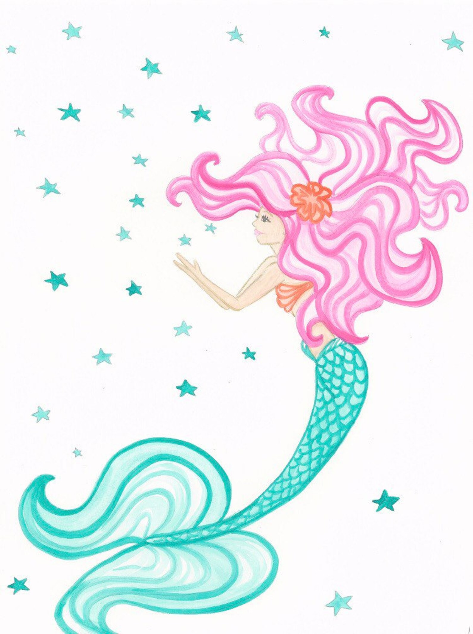 Mermaid and Starfish Fine Art Print 8x10 With Backing and White Boarder ...