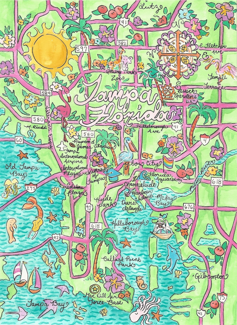 Watercolor Print Illustrated Map of Tampa, Florida - Etsy