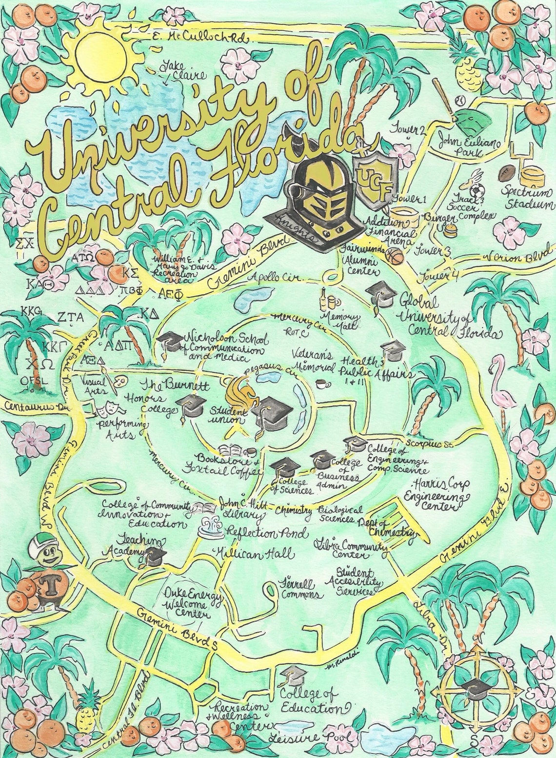 UCF Inspired Illustrated Map Fine Art Print - Etsy