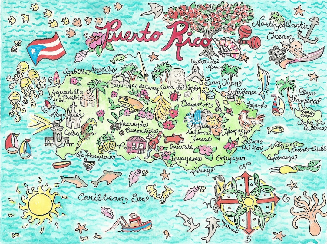 Watercolor Illustrated Map of Puerto Rico - Etsy