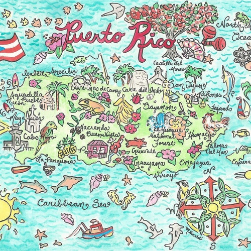Watercolor Illustrated Map of Puerto Rico - Etsy
