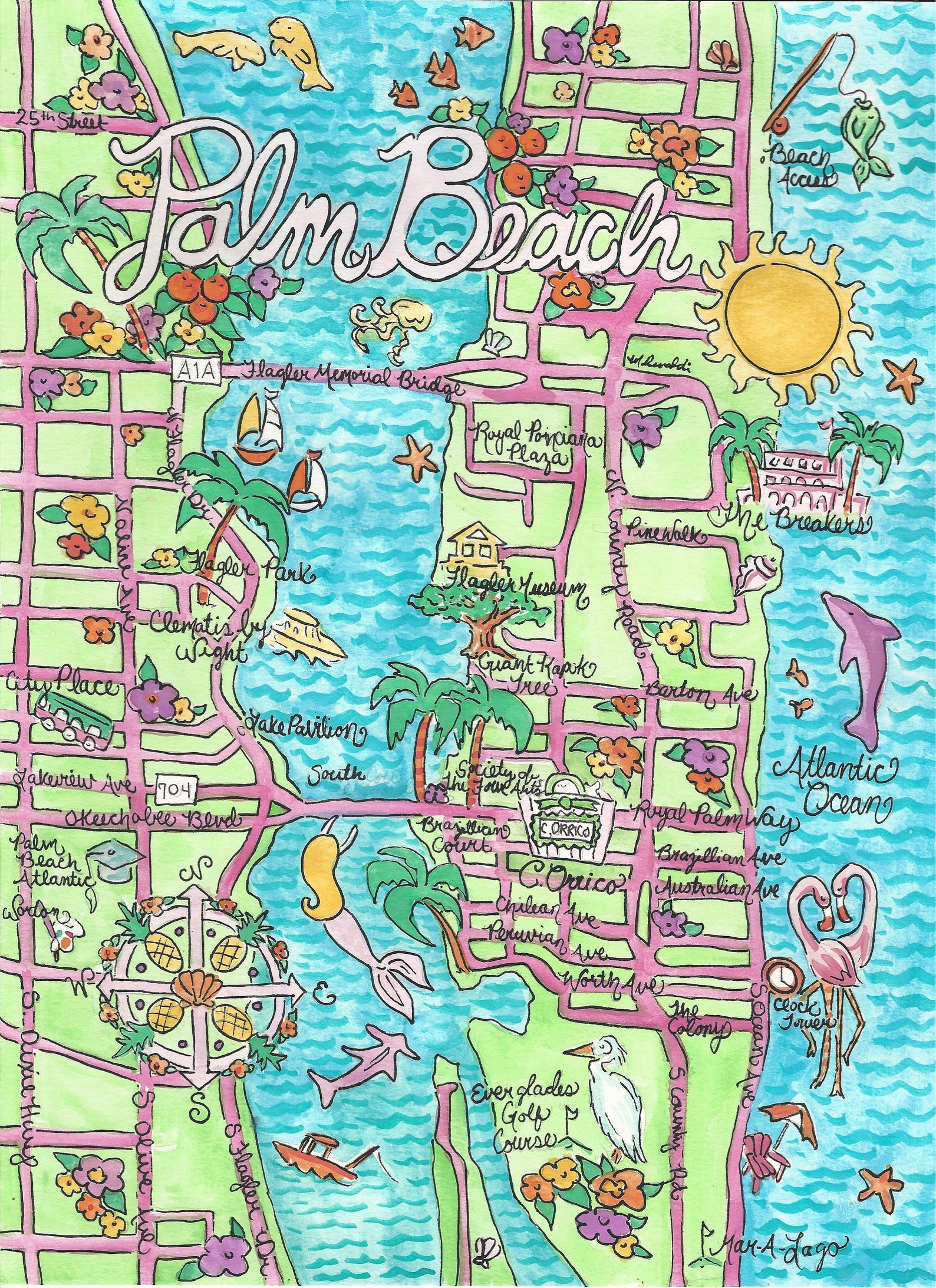 Map of Jupiter or Palm Beach Watercolor - Etsy