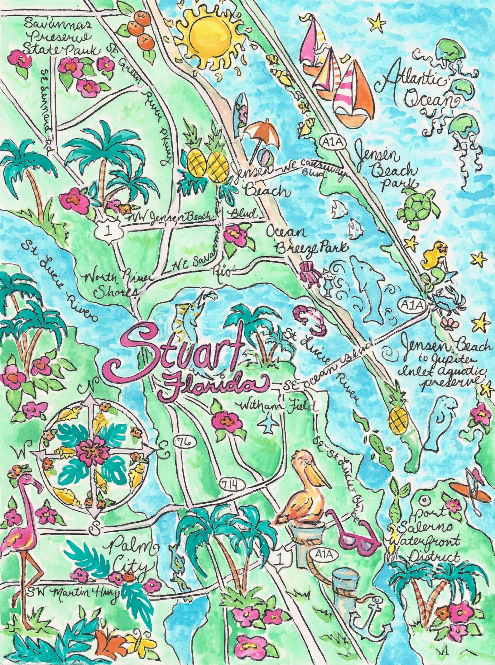 Watercolor Map of Stuart, Florida - Etsy