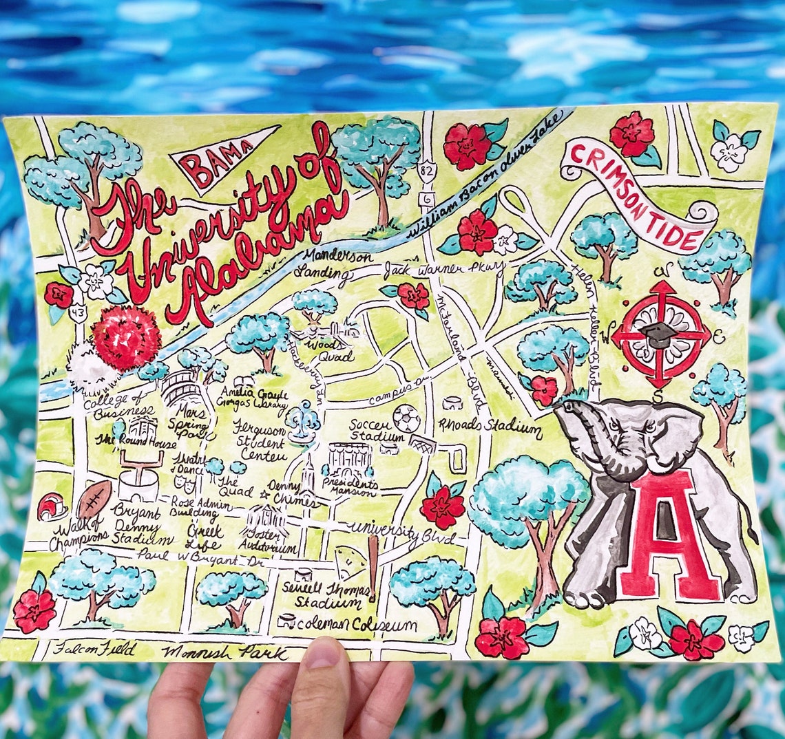 Watercolor Print of Unoffical University of Alabama Map - Etsy
