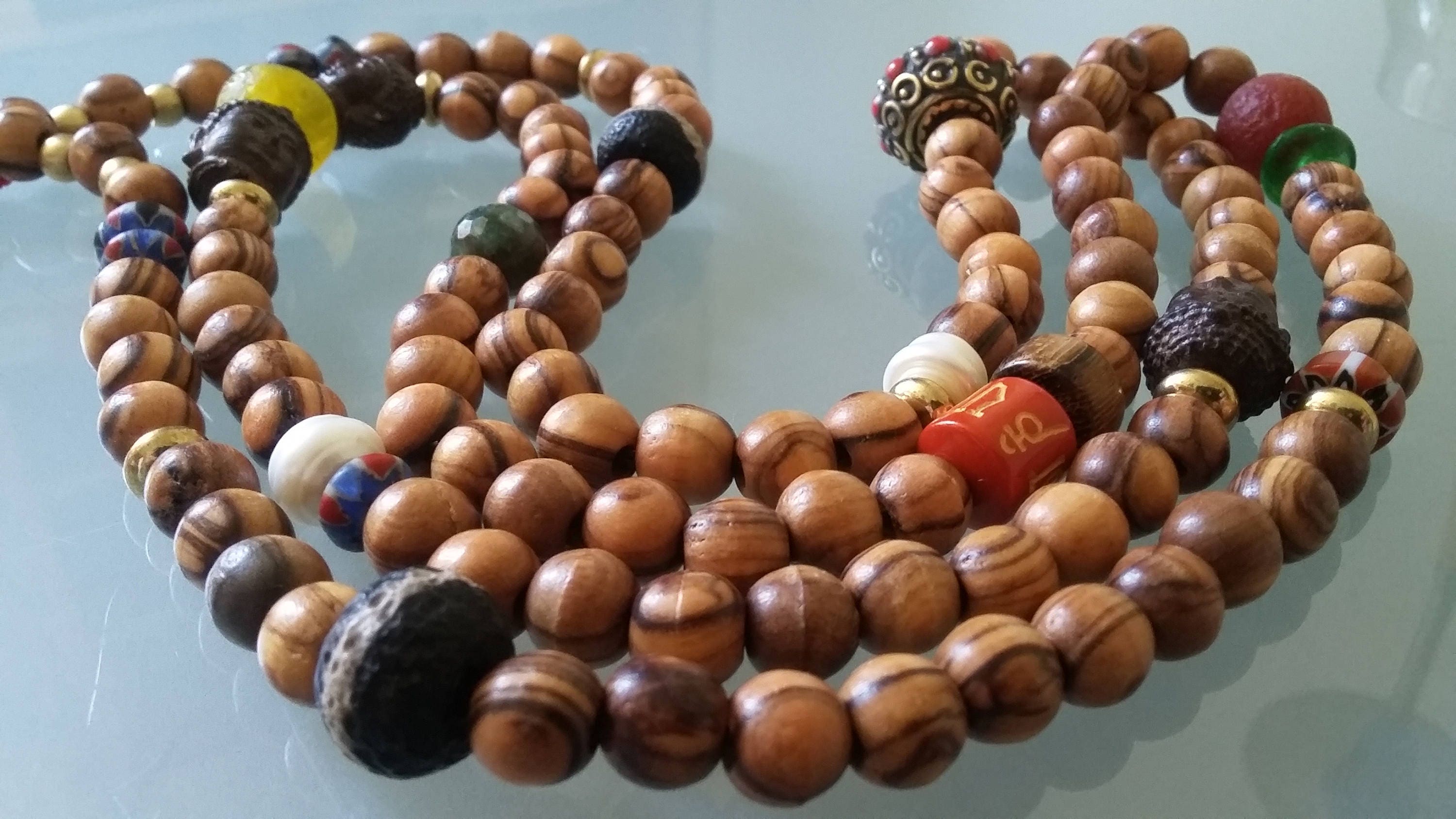 Buddhist Olive Wood 8MM Mala W/ Hand Carved Lotus Flower Guru Bead by ...