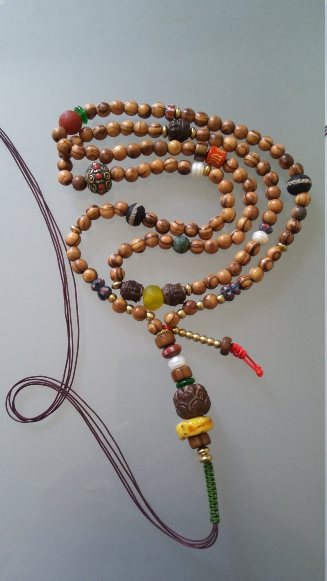 Buddhist Olive Wood 8MM Mala W/ Hand Carved Lotus Flower Guru Bead by ...