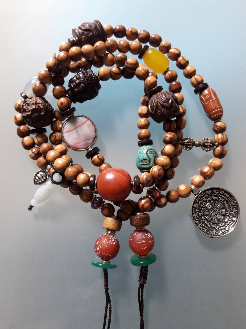 Double Side Buddhist Olive Wood 8MM Mala W/ Old Red Raw Agate - Etsy