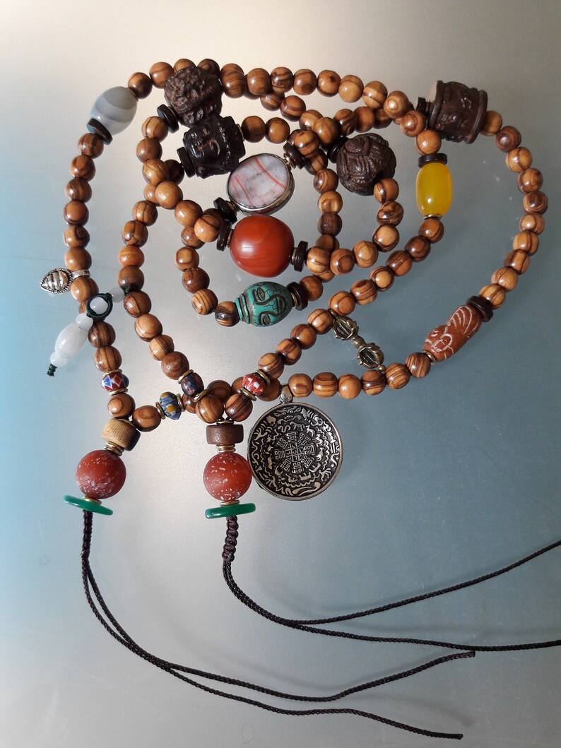 Double Side Buddhist Olive Wood 8MM Mala W/ Old Red Raw Agate - Etsy