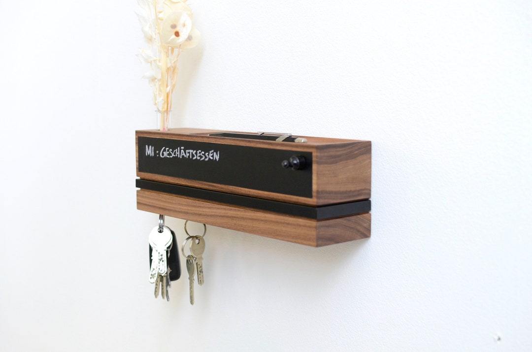 Magnetic Key Holder: Solid Wood Organizer With Vase & Blackboard - Etsy