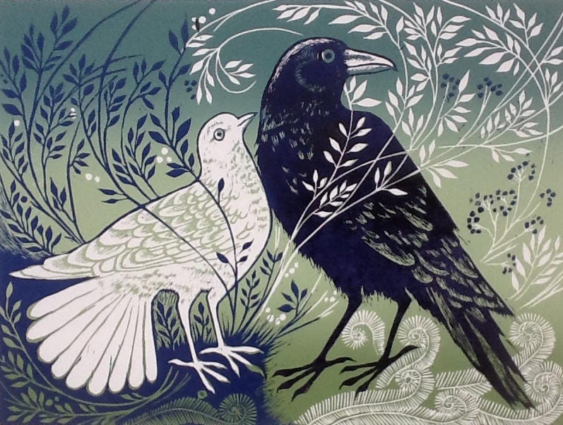 The Raven and the Doveoppositesblack and White Lino Cut | Etsy