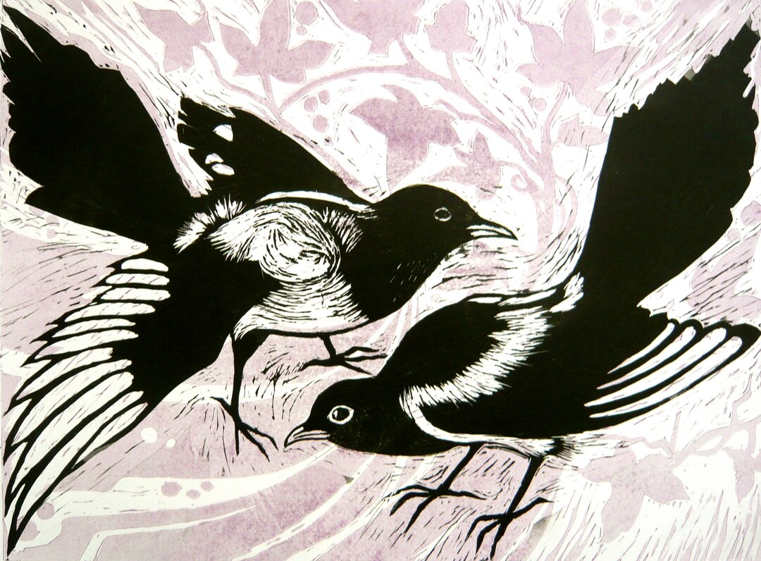 Two for Joy, Two Magpies for Joy Card, Two Magpies Lino Print, Good ...
