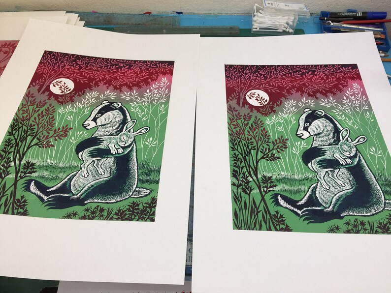 Lost Then Found, Badger and Rabbit Card, Lino Print, Unique Artists ...