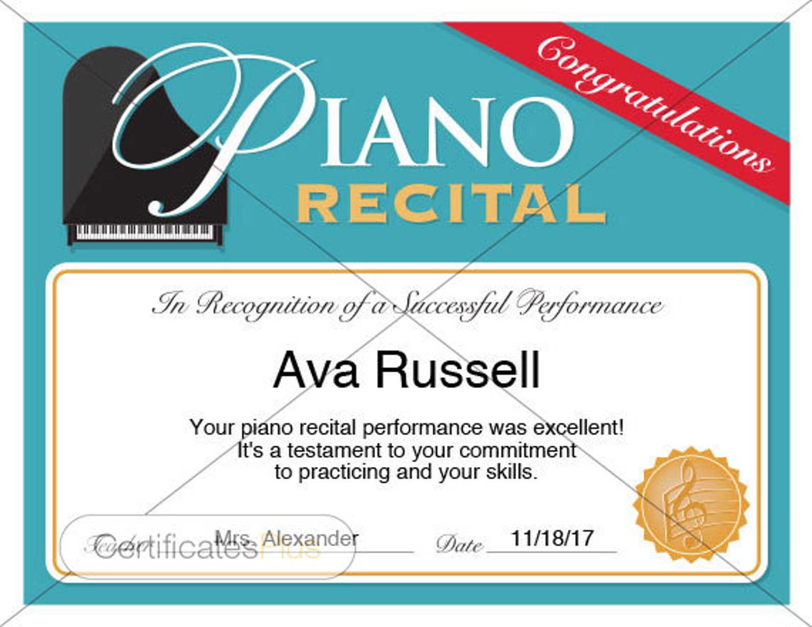 Piano Recital Certificate: Customizable Award Printable (PDF) - Etsy