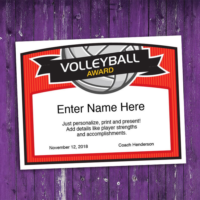 Volleyball Certificate Volleyball Award Template Volleyball Etsy