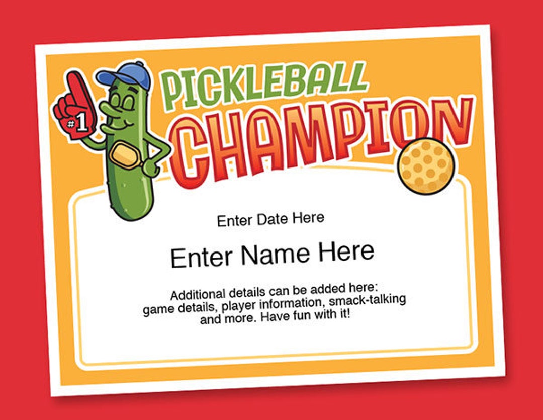 Pickleball Champion Certificate, Pickleball Tournament Award - Etsy