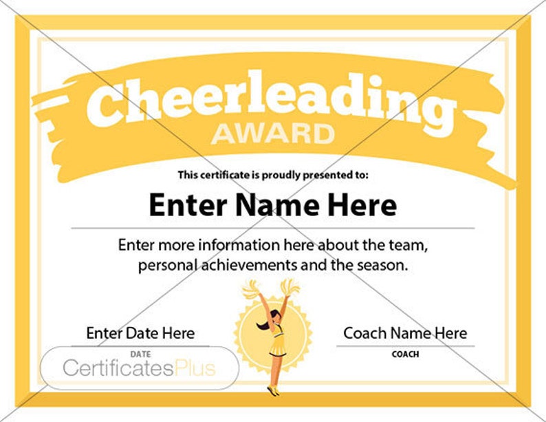 2 Cheerleading Yellow Team Color Certificates, Editable Cheerleader ...