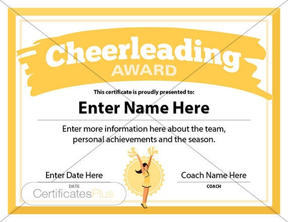 2 Cheerleading Yellow Team Color Certificates, Editable Cheerleader ...