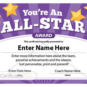 2 Cheerleading Purple Team Color Certificates, Editable Cheerleader ...