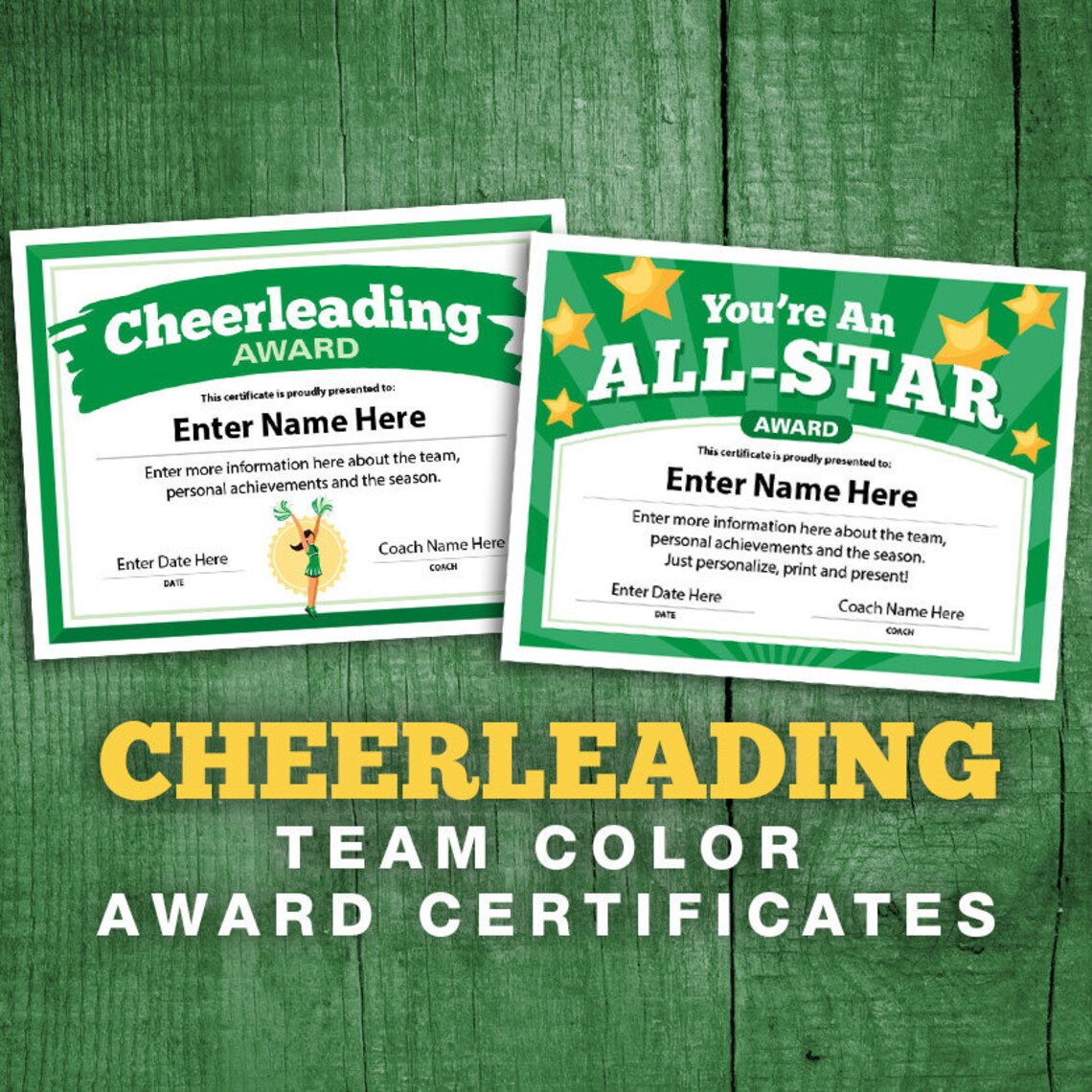 2 Cheerleading Green Team Color Certificates, Editable Cheerleader ...