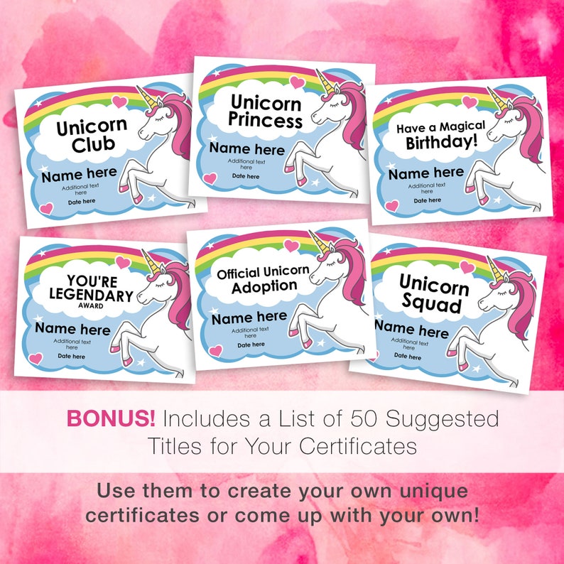 Unicorn Certificates, Editable Award Template, Birthday Printable ...