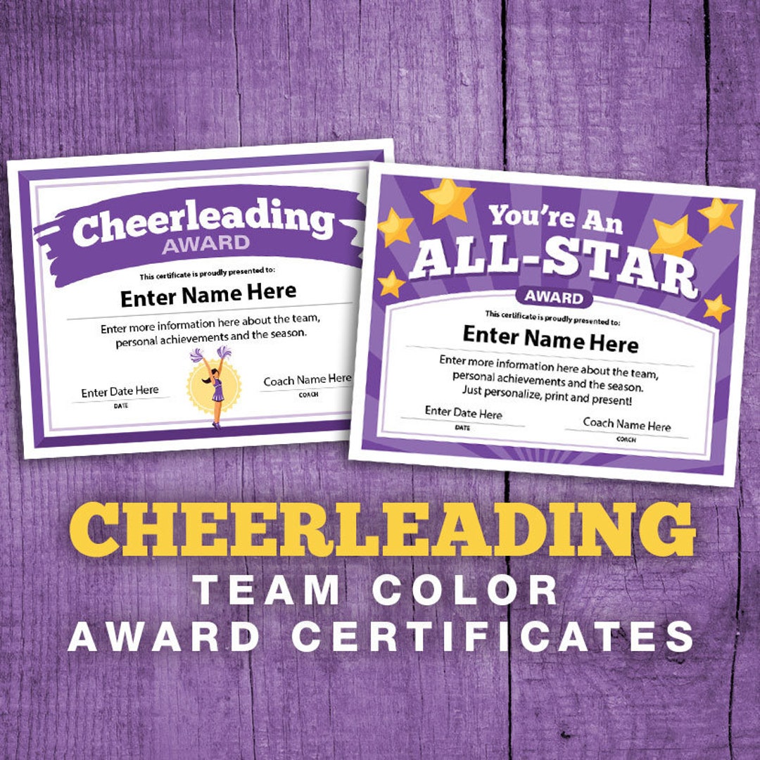2 Cheerleading Purple Team Color Certificates, Editable Cheerleader ...