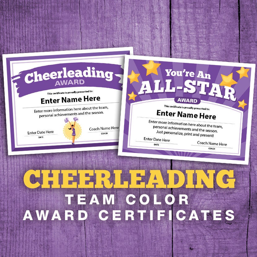 2 Cheerleading Purple Team Color Certificates, Editable Cheerleader ...