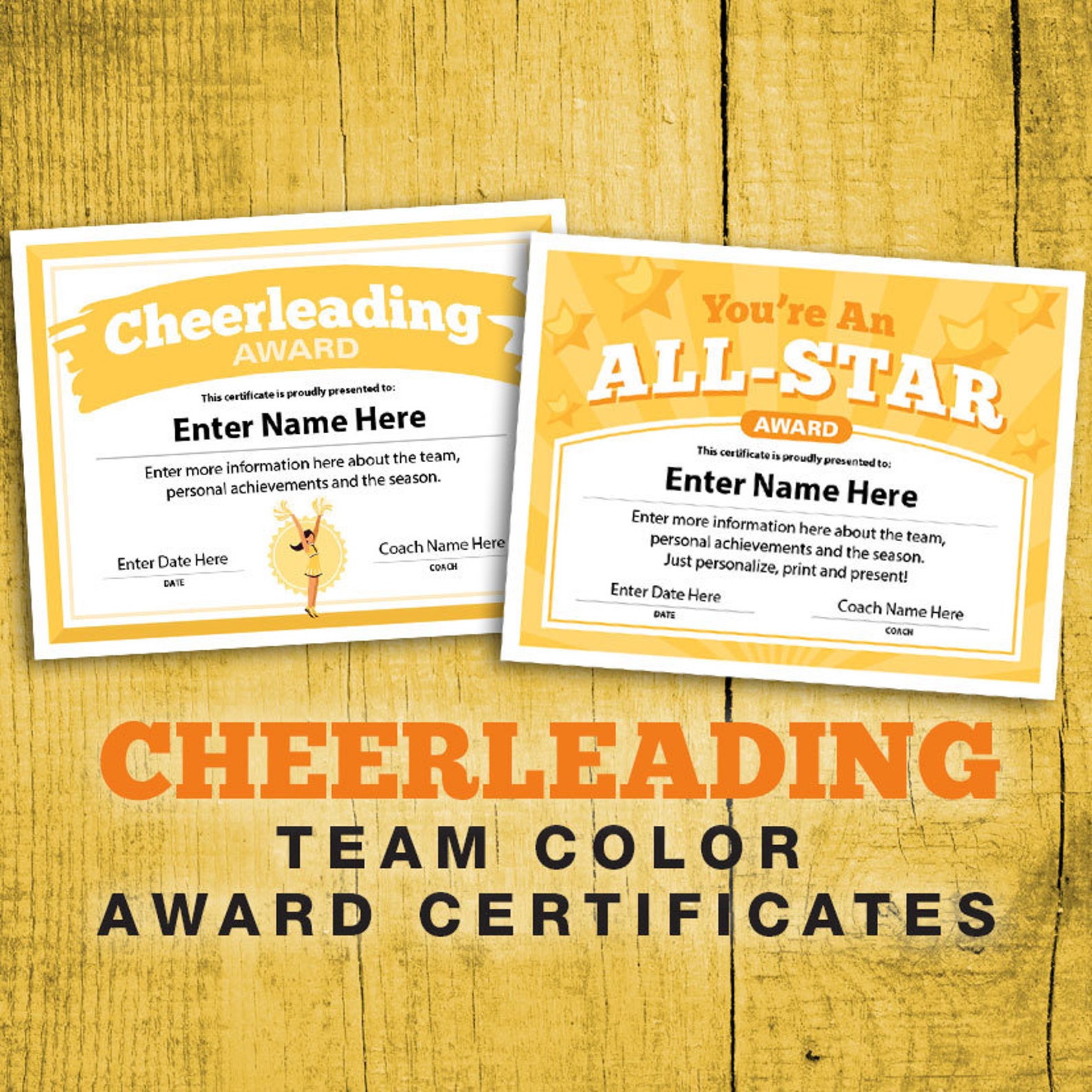 2 Cheerleading Yellow Team Color Certificates, Editable Cheerleader ...