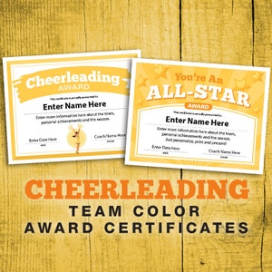 2 Cheerleading Yellow Team Color Certificates, Editable Cheerleader ...