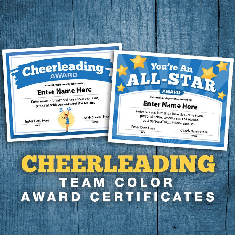 2 Cheerleading Blue Team Color Certificates, Editable Cheerleader ...