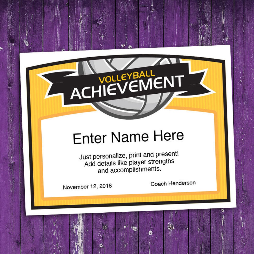 Volleyball Achievement Award Template: Editable Certificate (PDF) - Etsy