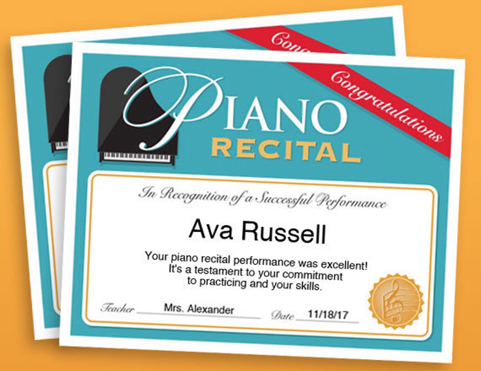 Piano Recital Certificate: Customizable Award Printable (PDF) - Etsy