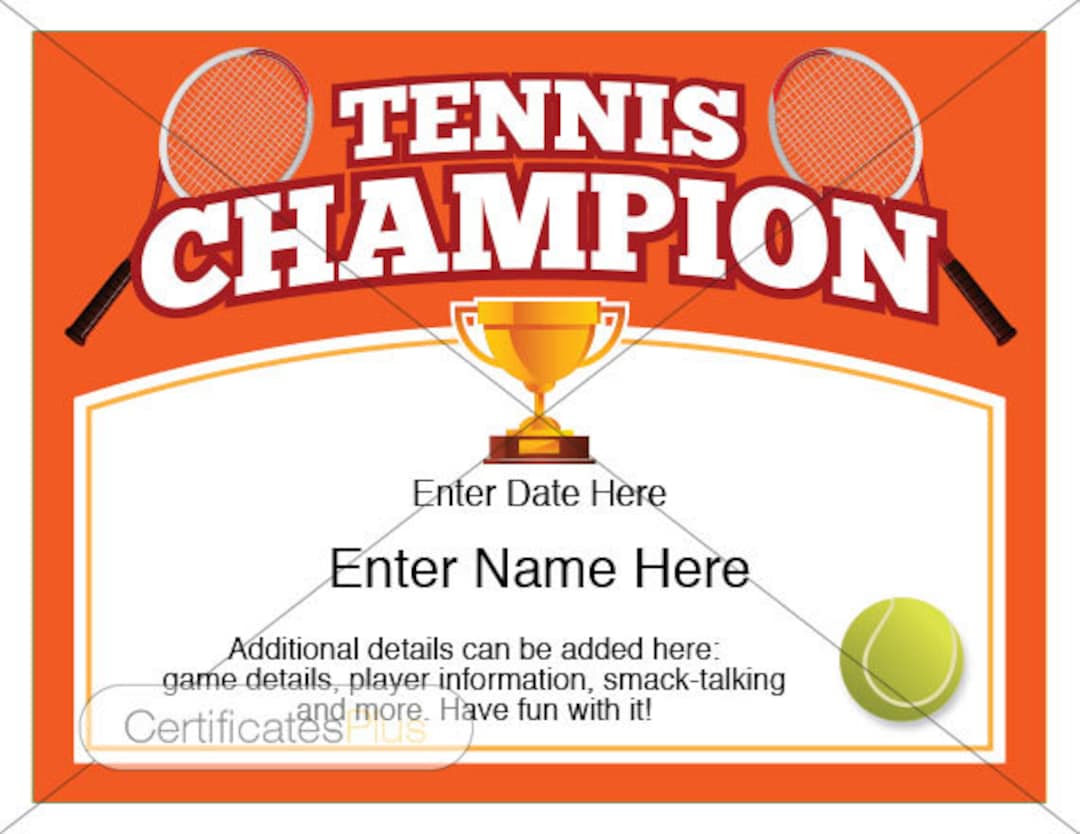 Tennis Certificate, Champion Award, Tennis Award Template, Tennis ...