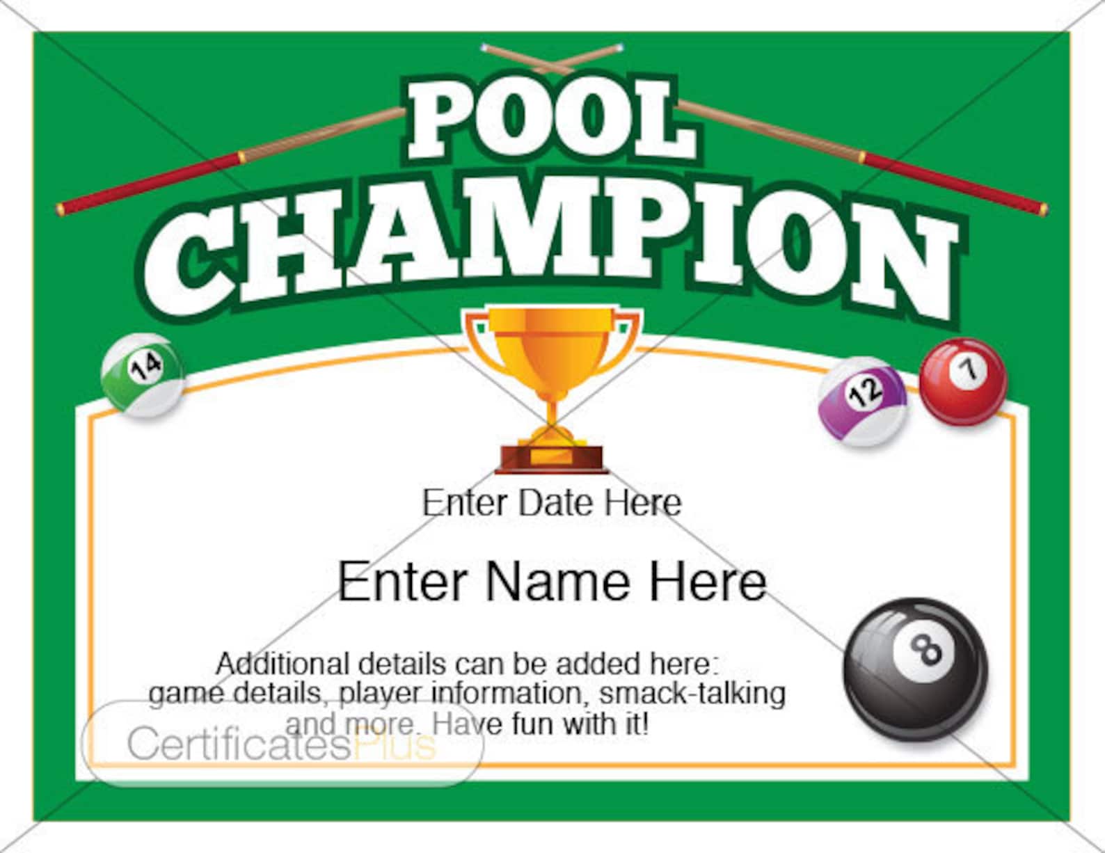 Pool Champion Award Certificate: Printable Template - Etsy