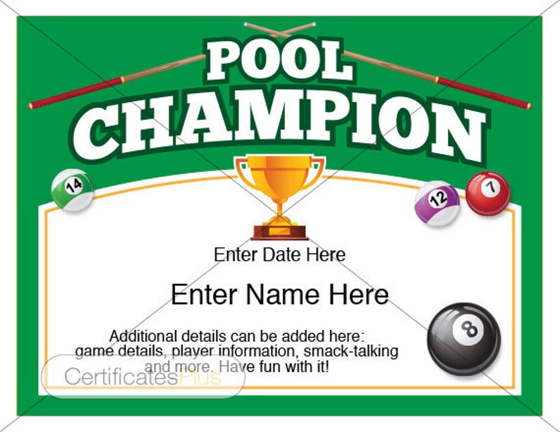 Pool Champion Award Certificate: Printable Template - Etsy