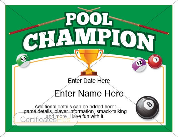 Pool Champion Award Certificate: Printable Template - Etsy UK
