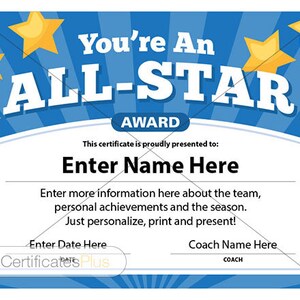 2 Cheerleading Blue Team Color Certificates, Editable Cheerleader ...