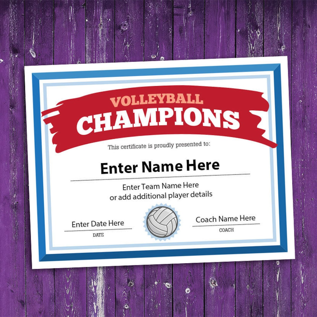 Volleyball Certificate, Volleyball Champions Award Template, Volleyball ...